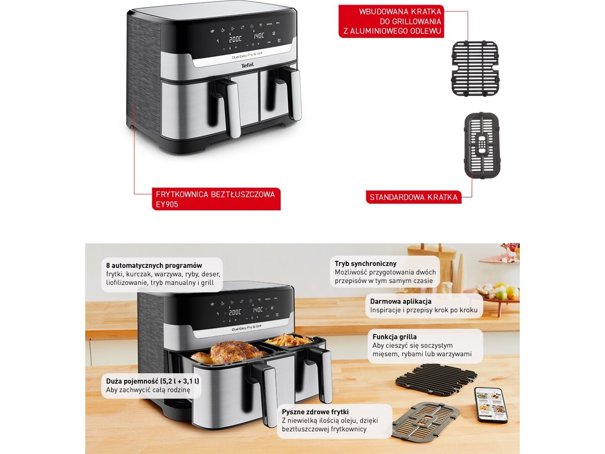 Frytkownica beztłuszczowa TEFAL Dual Easy Fry & Grill EY905D10 Air ...